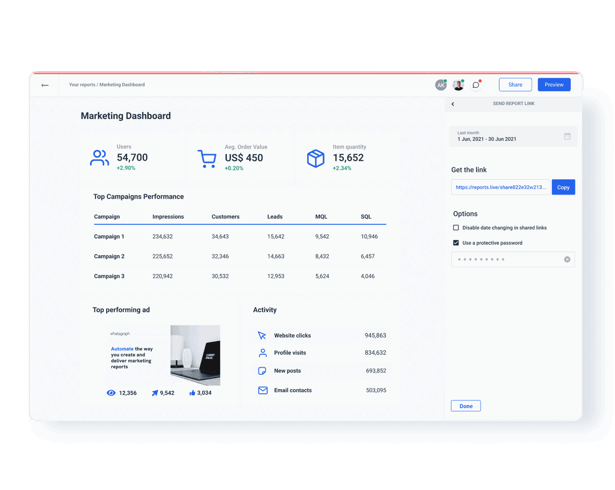 Share Ad-Hoc Reports with our Live Dashboard | Whatagraph